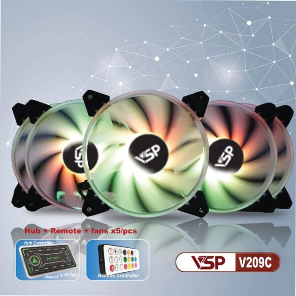 Quạt Tản Nhiệt VSP Bộ 5 Fan + Hub Remote V209C LED RGB » Vi Tính Thành Tín